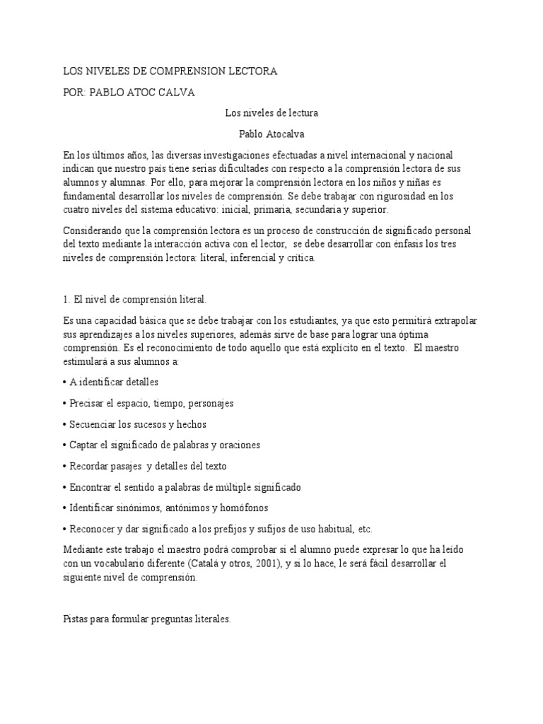 Niveles de Lectura | PDF | Comprensión lectora | Modificación de ...