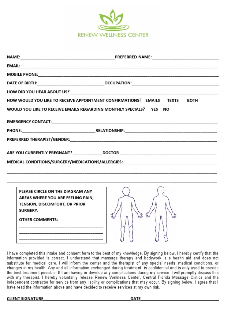 CLIENT INTAKE FORM MASSAGE.docx | PDF | Therapy | Massage