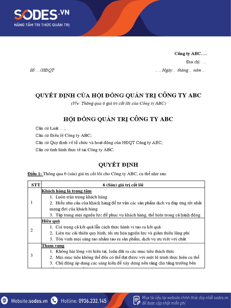 6 Gia Tri Cot Loi Cong Ty | PDF