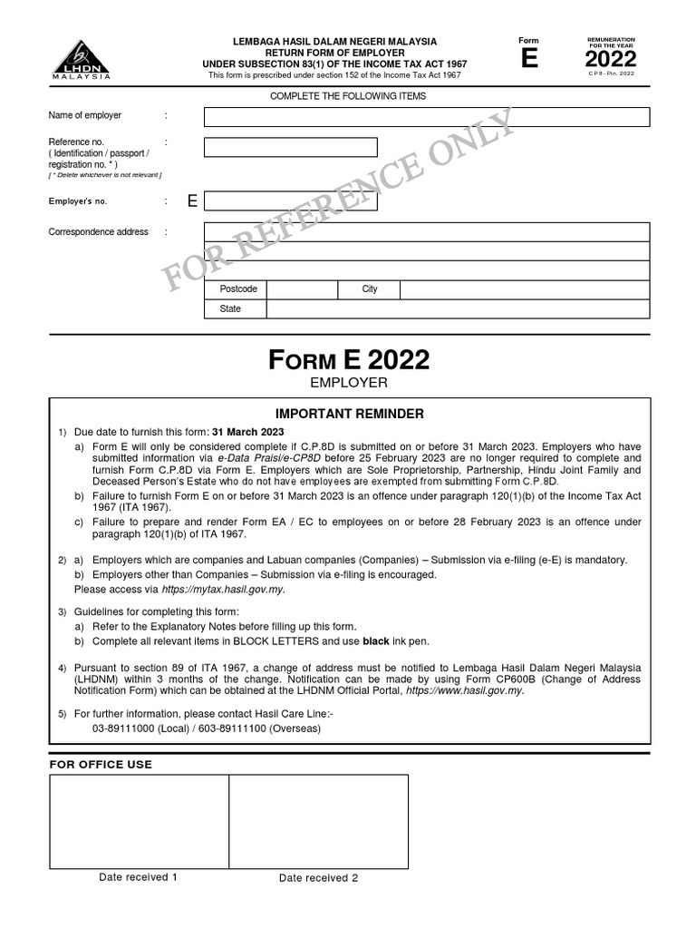 Form E 2022: Return Form of Employer Under Subsection 83(1) of the ...