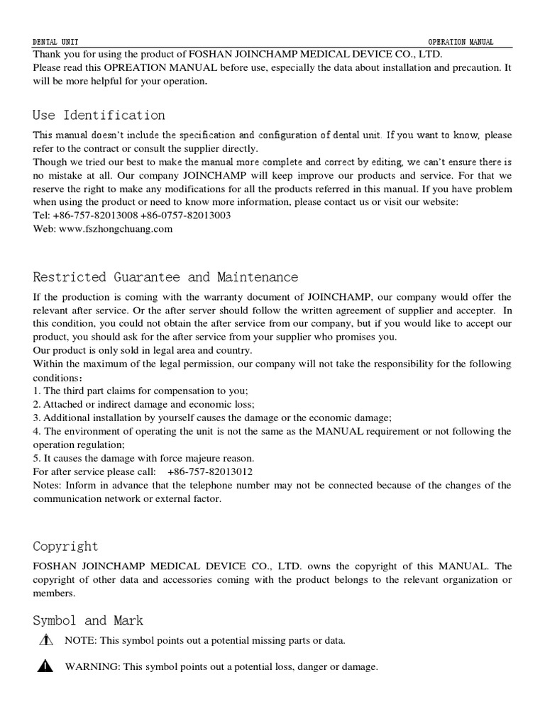 User Manual of Joinchamp Dental Unit 2022 | PDF | Valve | Switch