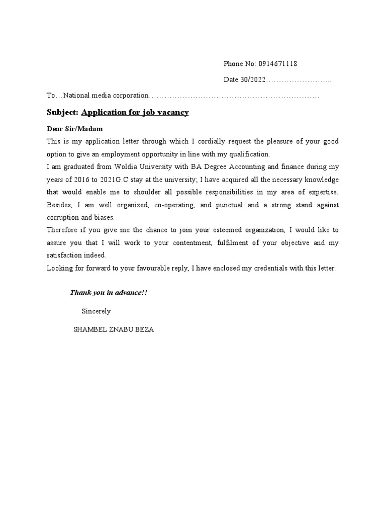 Subject: Application For Job Vacancy: Dear Sir/Madam | PDF | Career ...
