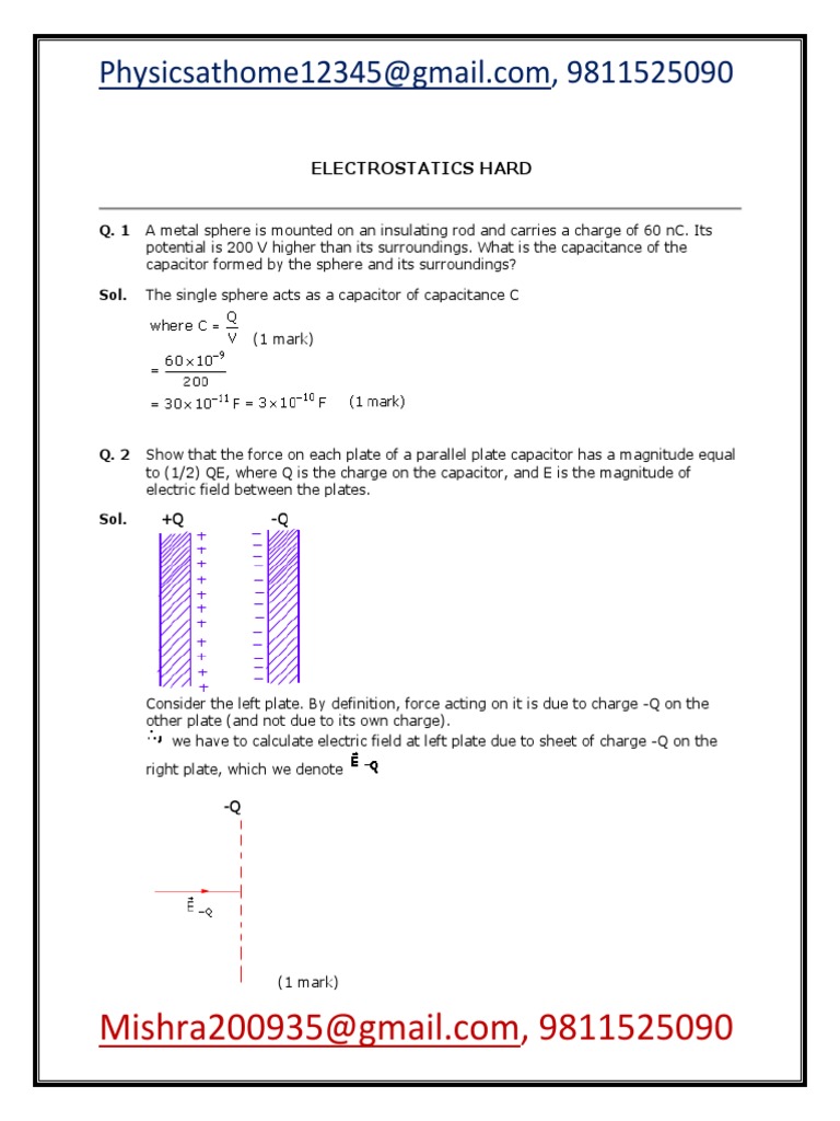 ELECTROSTATICS HARD Question paper with solution | PDF | Capacitance ...