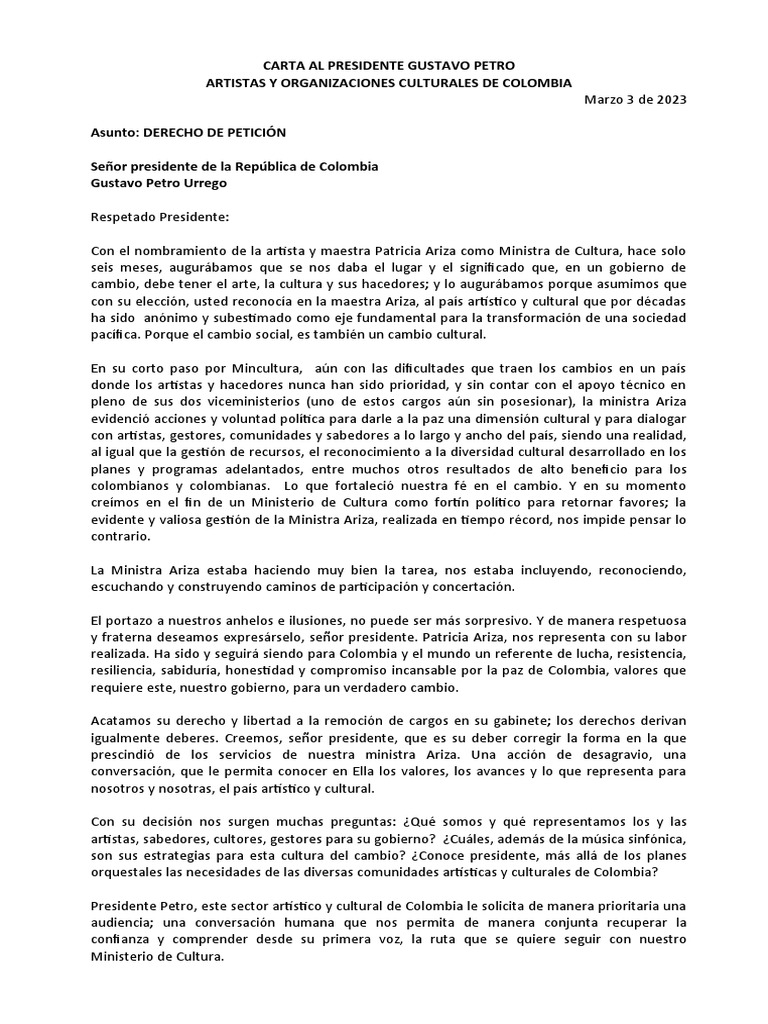 Carta Al Presidente Petro Artistas y Organizaciones Culturales de Colombia | PDF | Colombia