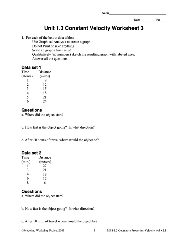 1 3 Constant Velocity Worksheet 3 Pdf