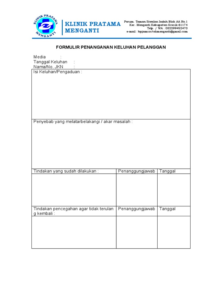 FORMULIR PENANGANAN KELUHAN PELANGGAN | PDF