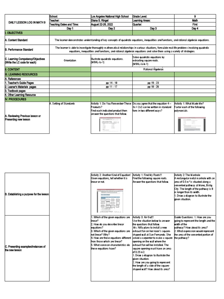 DLL G9 1st QTR Edited | PDF | Quadratic Equation | Equations