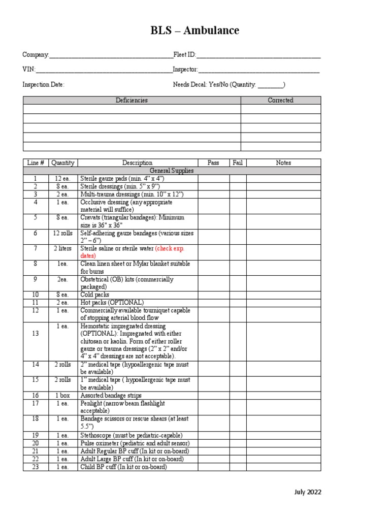 BLS Ambulance Equipment Checklist | PDF | Flow Measurement | Equipment