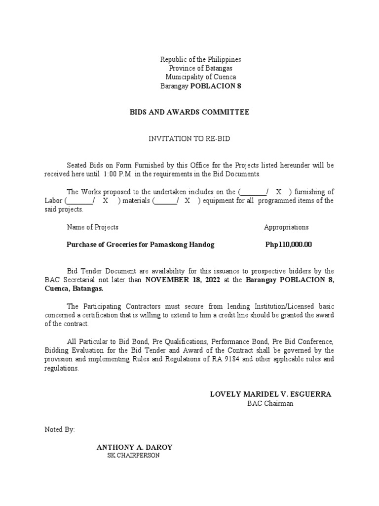 Cuenca Batangas Re-Bid Invitation 2022 | PDF