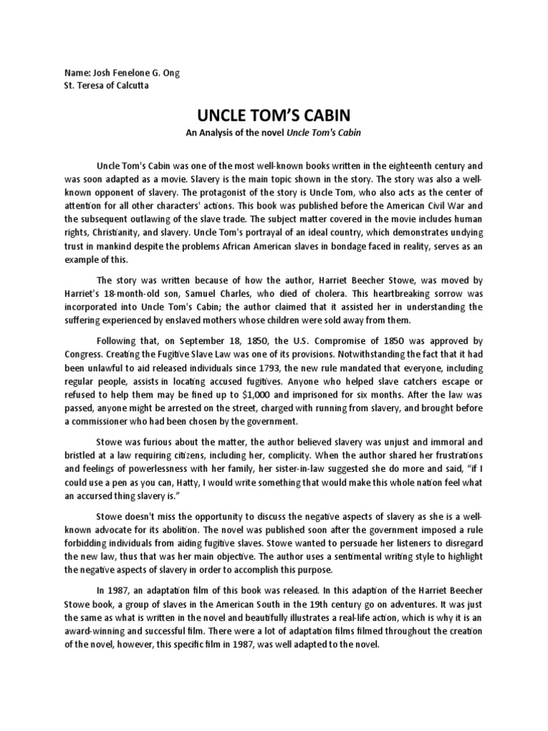 Uncle Toms Cabin Analysis | PDF | Uncle Tom's Cabin | Harriet Beecher Stowe