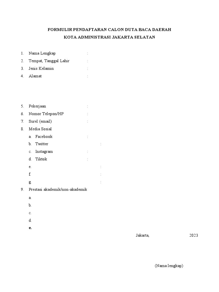 Formulir Pendaftaran Duta Baca 2023 | PDF