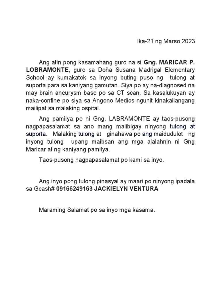 Liham Tulong Pinansyal | PDF