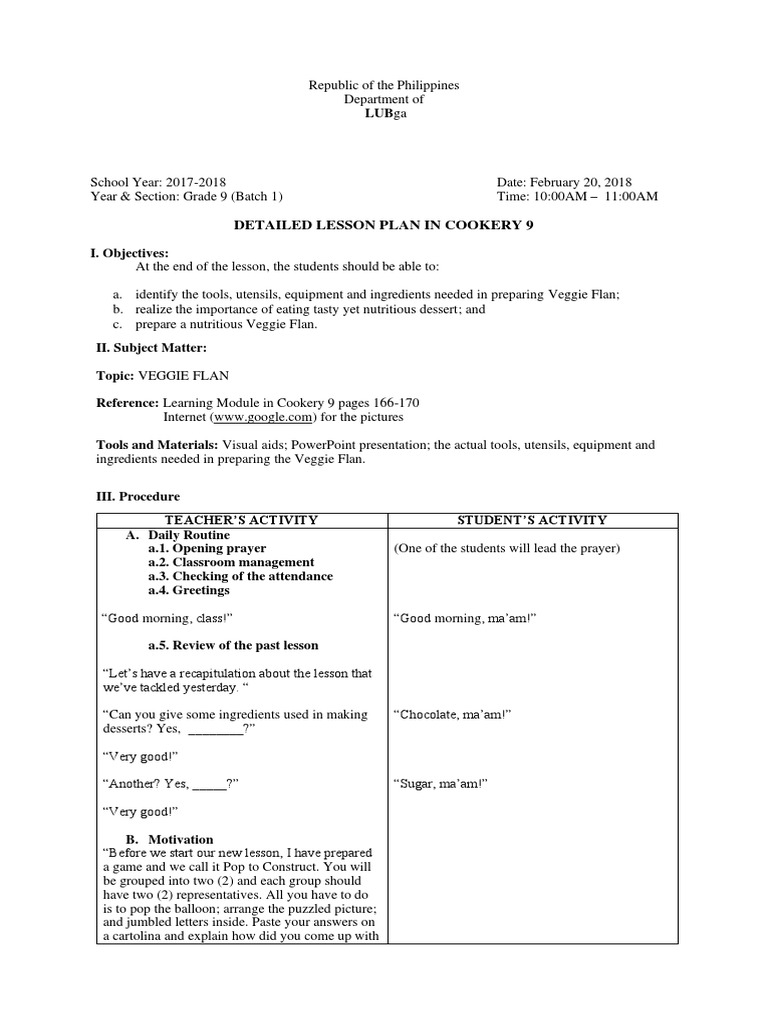 Detailed Lesson Plan in Cookery 9 PDF | PDF | Food And Drink | Foods