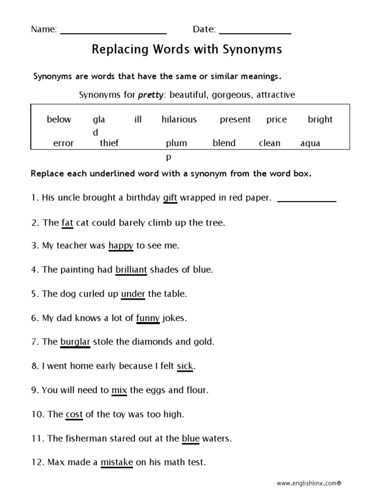 Replacing Words With Synonyms Worksheet | PDF