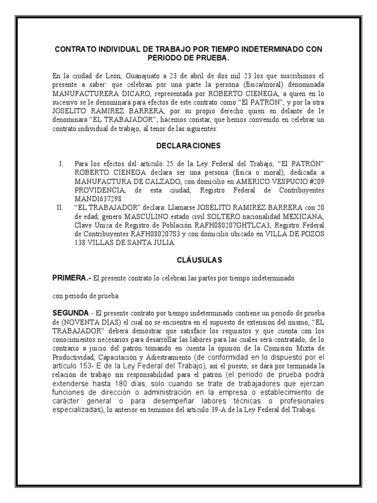 Contrato Individual de Trabajo Por Tiempo Indeterminado Con Periodo de Prueba | Descargar gratis ...