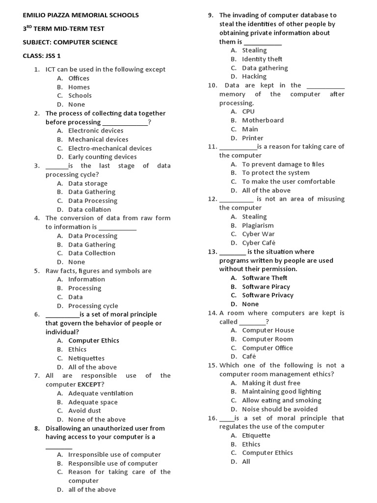 JSS 1, 2, 3 2ND Term Mid-Term Test | PDF | World Wide Web | Internet & Web