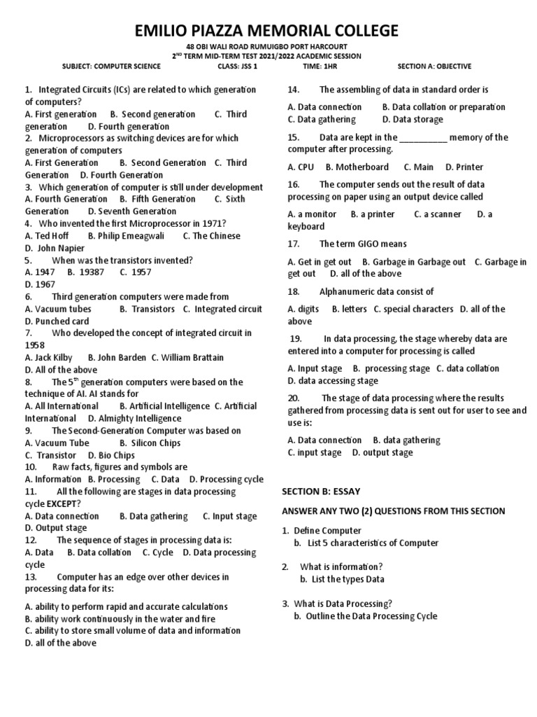 JSS 2 Computer 2nd Term Mid-Term Test | PDF | Information Technology | Data