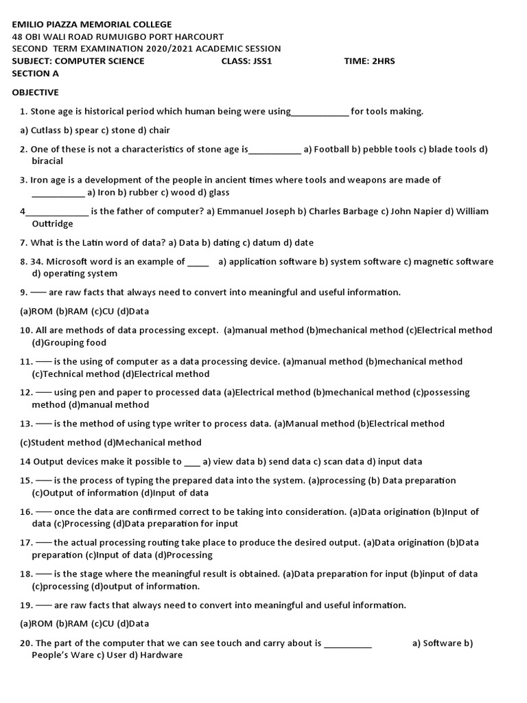 JSS 1 Second Term Exam | PDF | Input/Output | Computer Data Storage