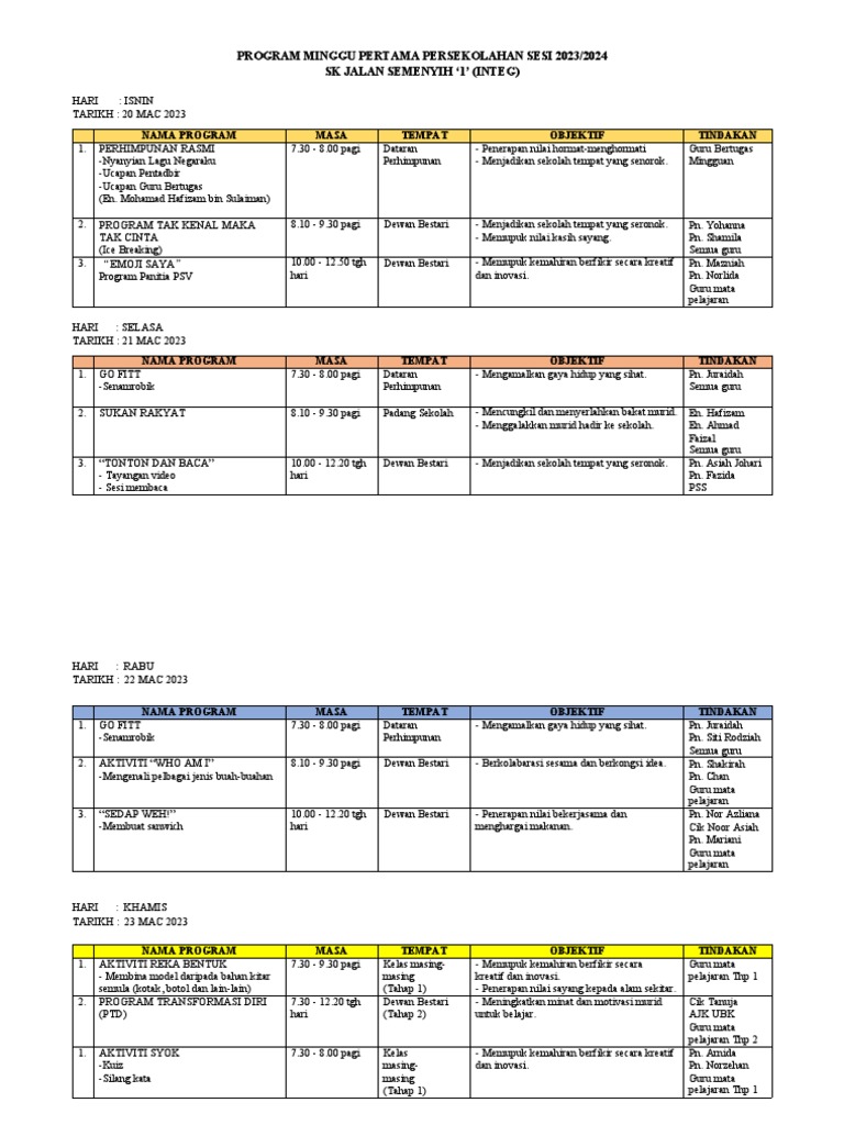 Jadual Prog Minggu Pertama Persekolahan 2023 | PDF