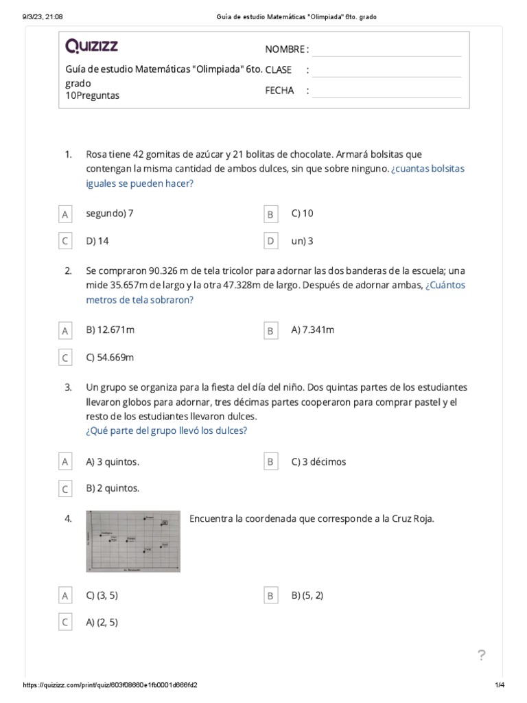 Guía de Estudio Matemáticas - Olimpiada - 6to. Grado | PDF