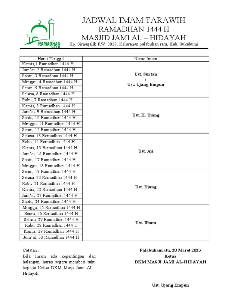 Jadwal Imam Tarawih | PDF
