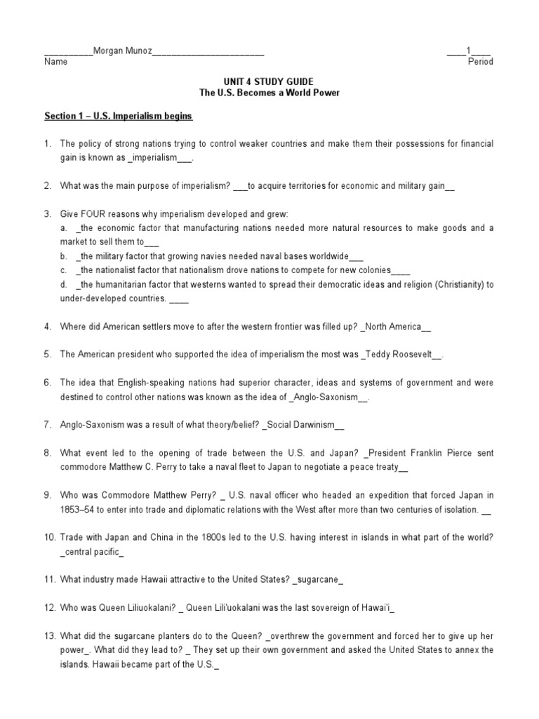 Unit 4 Study Guide (The U.S. Becomes A World Power) | PDF | World War I ...