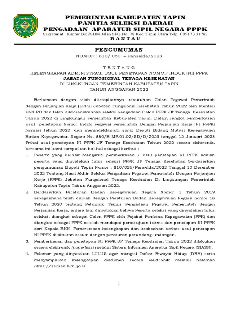 Pengumuman Pemberkasan Usul Ni PPPK | PDF