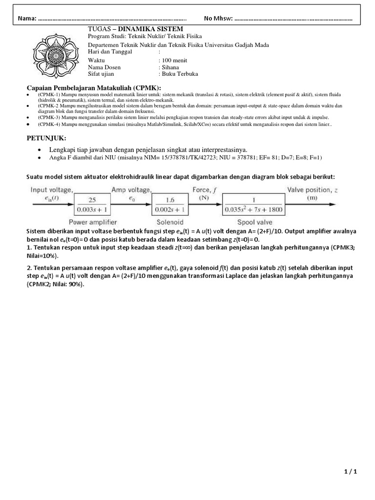 Tugas2022 Sem1 02 DinamikaSistem Analisis Dengan Laplace FA PDF | PDF
