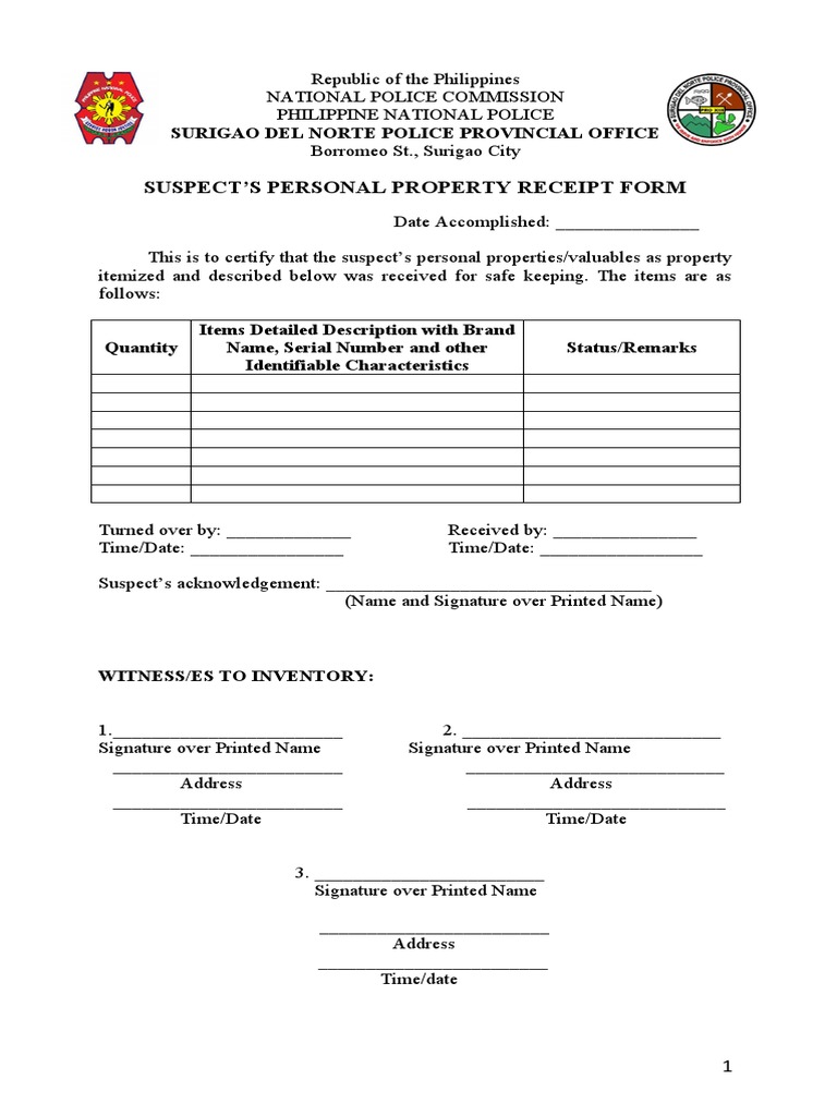 Suspect's Personal Property Receipt Form | PDF