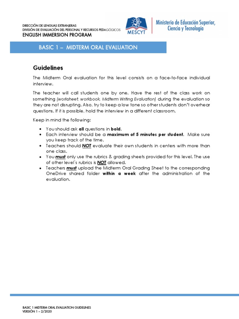 Basic 1 - Midterm Oral Evaluation Guidelines | Download Free PDF | Communication | Linguistics