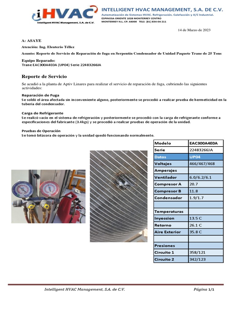 Reporte de Reparación HVAC Trane | PDF | Inicio | Máquinas