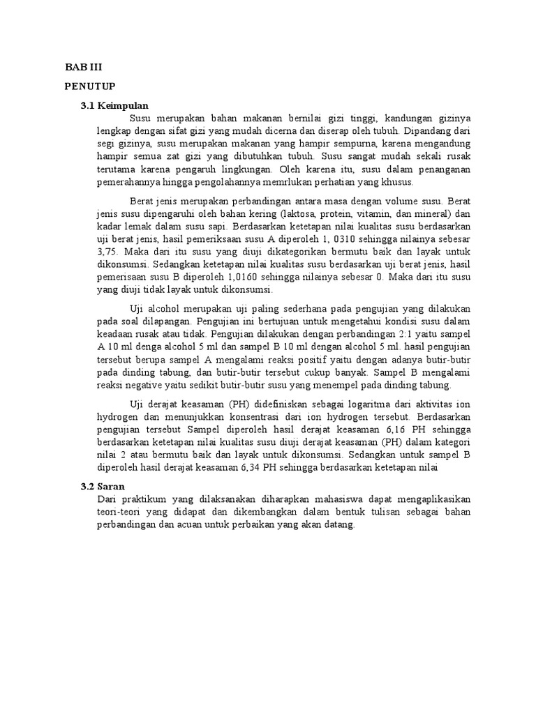 BAB III Kesimpulan Dan Saran Matkul Pengujian Susu | PDF