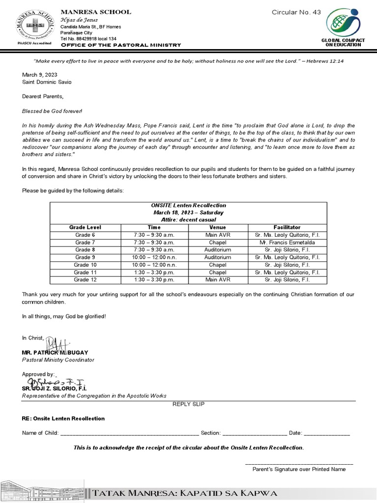 Circular No. 43- Grades 6-12 Lenten Recollection | PDF | Lent ...