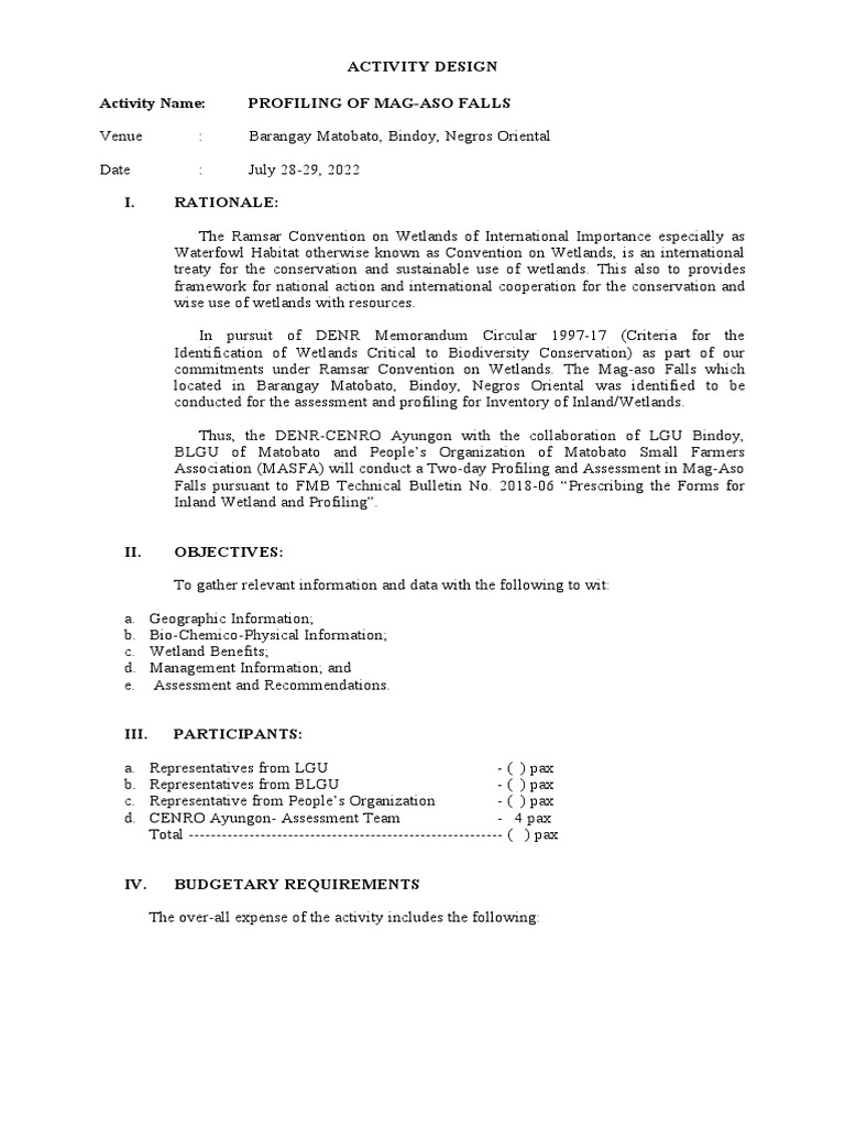 ACTIVITY DESIGN Mag-Aso Profiling | PDF | Wetland | Natural Environment