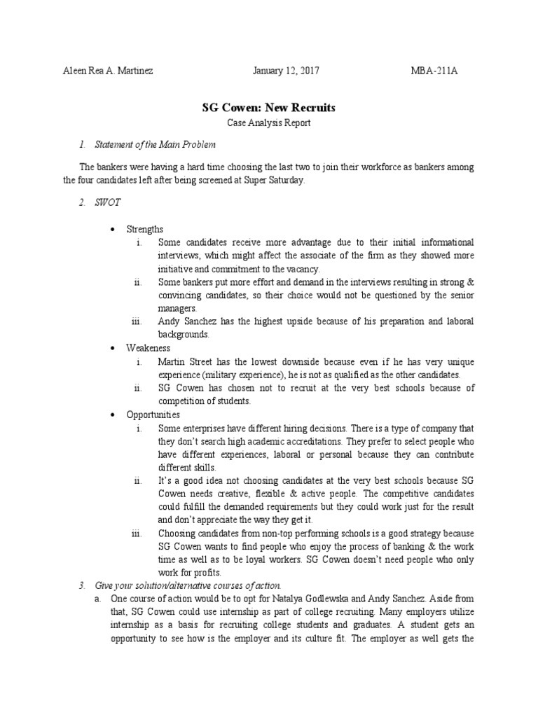 SG Cowen, New Recruits - Case Analysis - Aleen Martinez | PDF ...
