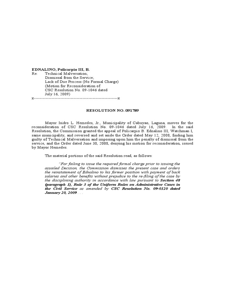Reso091789 - D - Technical Malversation Dismissal, Lack of Due Process ...