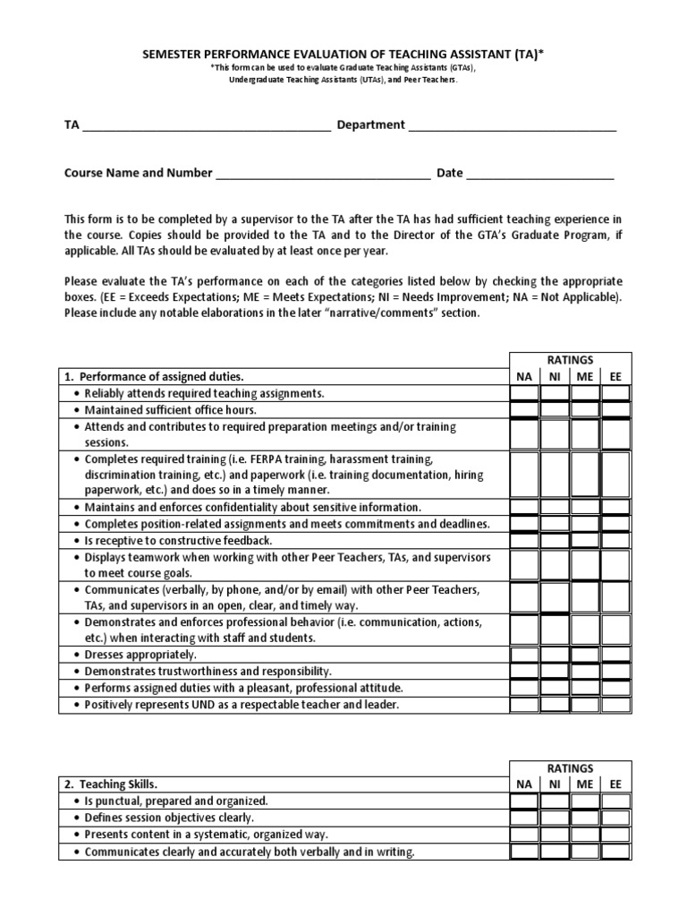 Ta Evaluation Form | PDF | Teaching Assistant | Learning