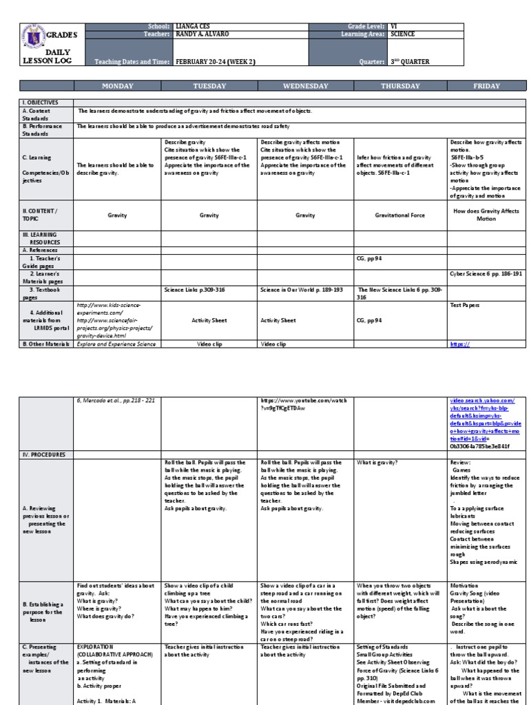 DLL - Science 6 - Q3 - W2 | PDF | Differentiated Instruction | Gravity