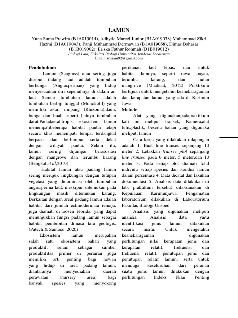 Laporan Biologi Laut Kelompok 3 Lamun (1) | PDF