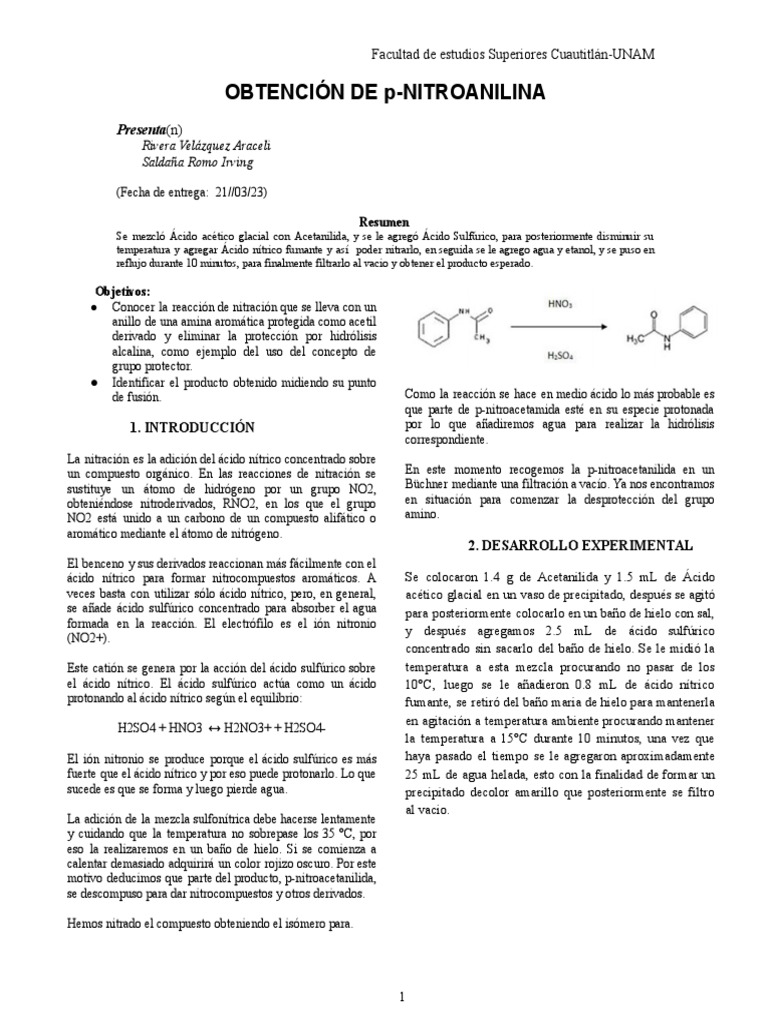 Síntesis de p-Nitroanilina UNAM | PDF | Ácido | Ácido sulfúrico