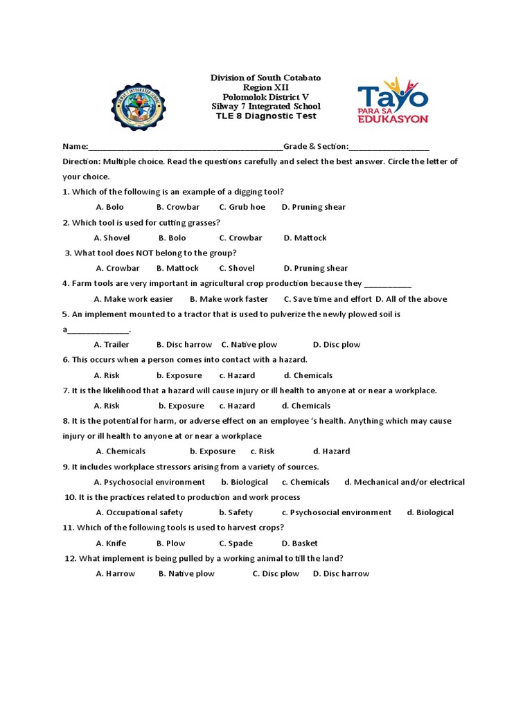 Tle 8 Diagnostic | PDF | Hazards | Plough