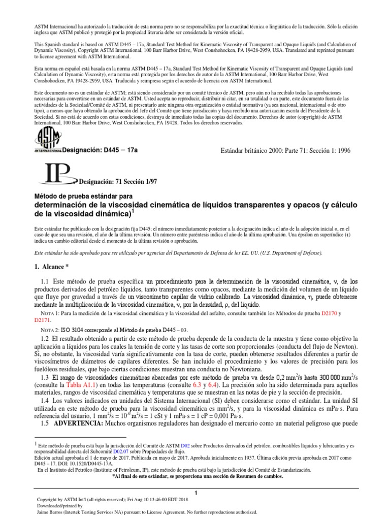 ASTM D 445-17a | PDF | Viscosidad | Líquidos