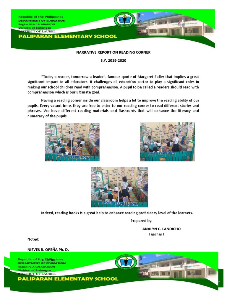 Narrative Report On Reading Corner | PDF | Reading Comprehension | Teachers