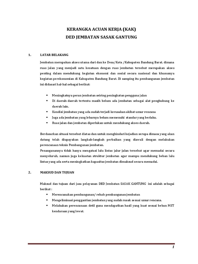 1.1 KAK Jasa Konsultansi Perencanaan DED Jembatan Sasak Gantung Kec. Gunung Halu PDF | PDF