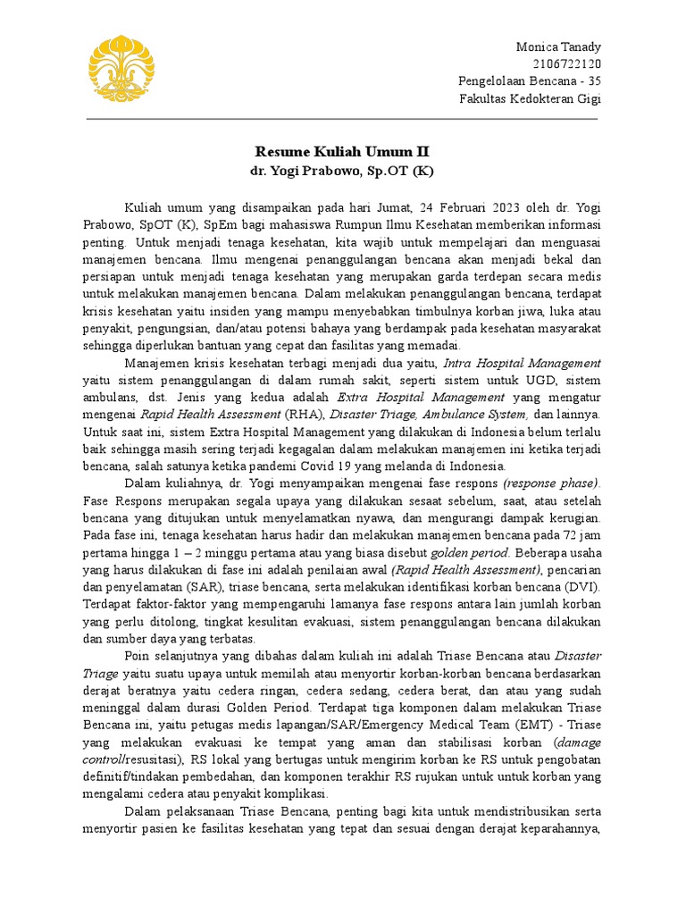 Resume Kuliah Umum II - Monica Tanady - PB 35 - FKG - 2106722120 PDF | PDF