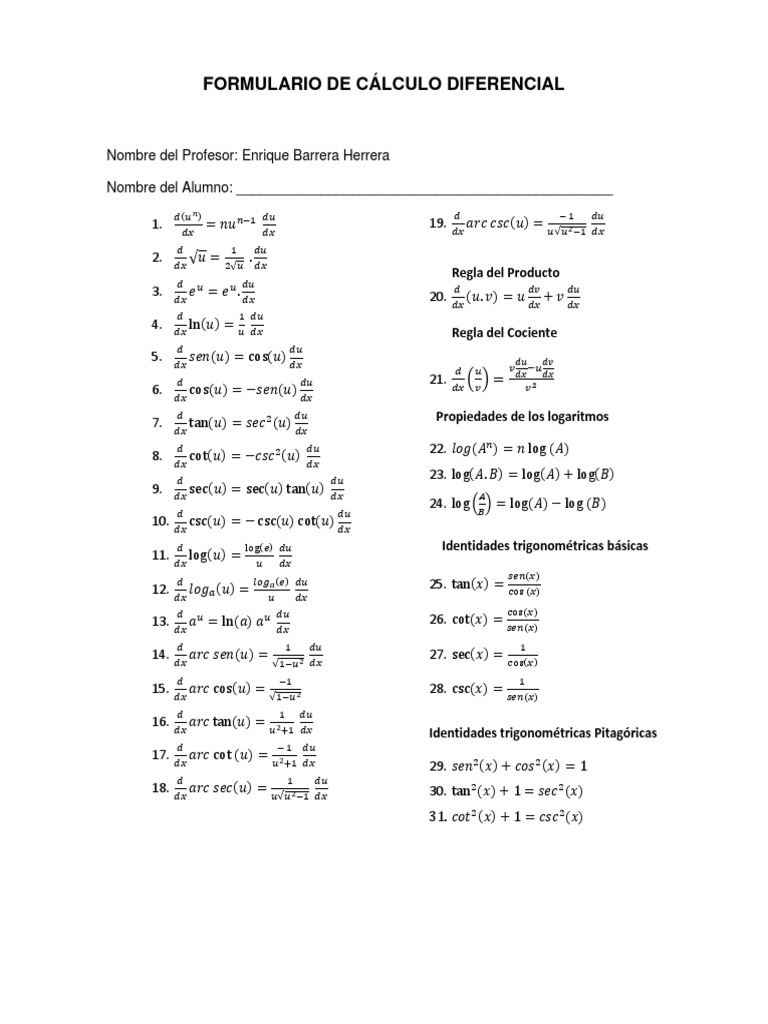 Formulario de Cálculo Diferencial | PDF