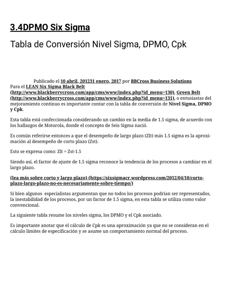 Tabla Conversión Sigma, DPMO y Cpk | PDF | Six Sigma | Business