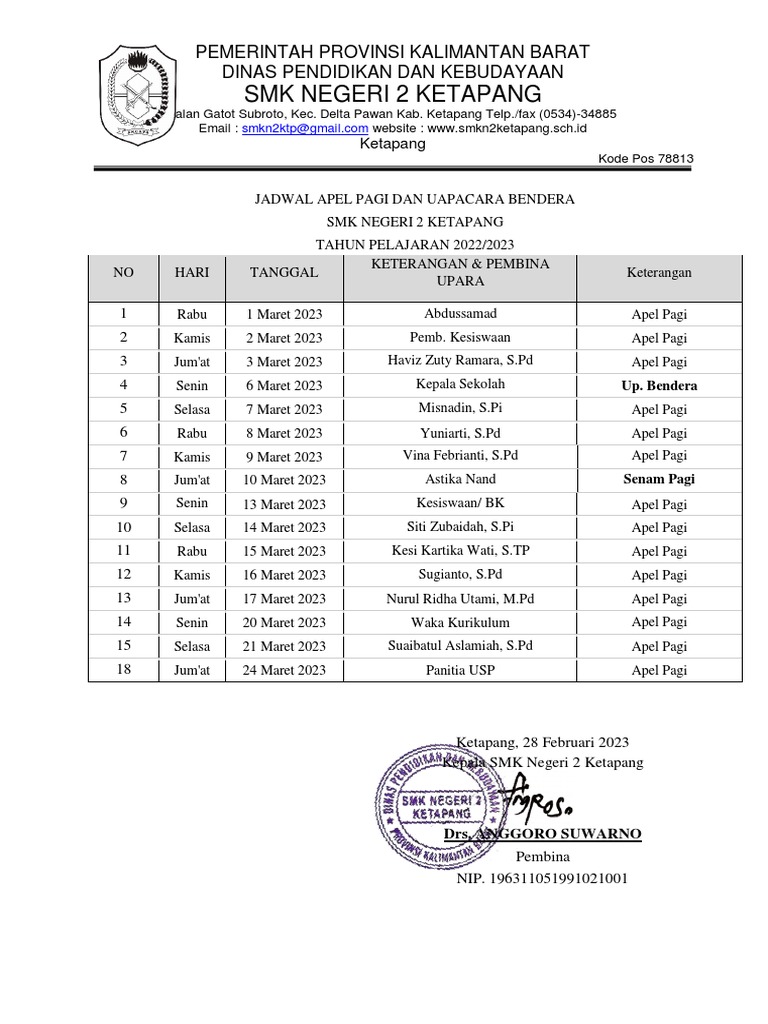 Jadwal Apel Pagi Dan Upacara Maret PDF | PDF