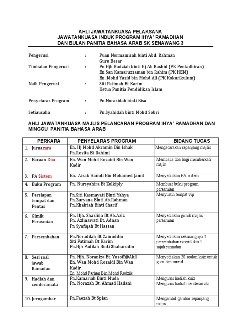 Ajk - Pelaksana - Ihya' - Ramadan - Dan - Bulan - Panitia - B - Arab 2023 | PDF