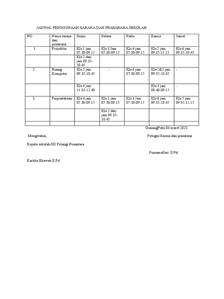 Jadwal Penggunaan Sarana Sekolah | PDF